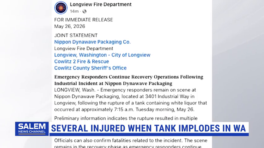 Several Injured When Tank Implodes At Washington Pulp And Paper Mill
